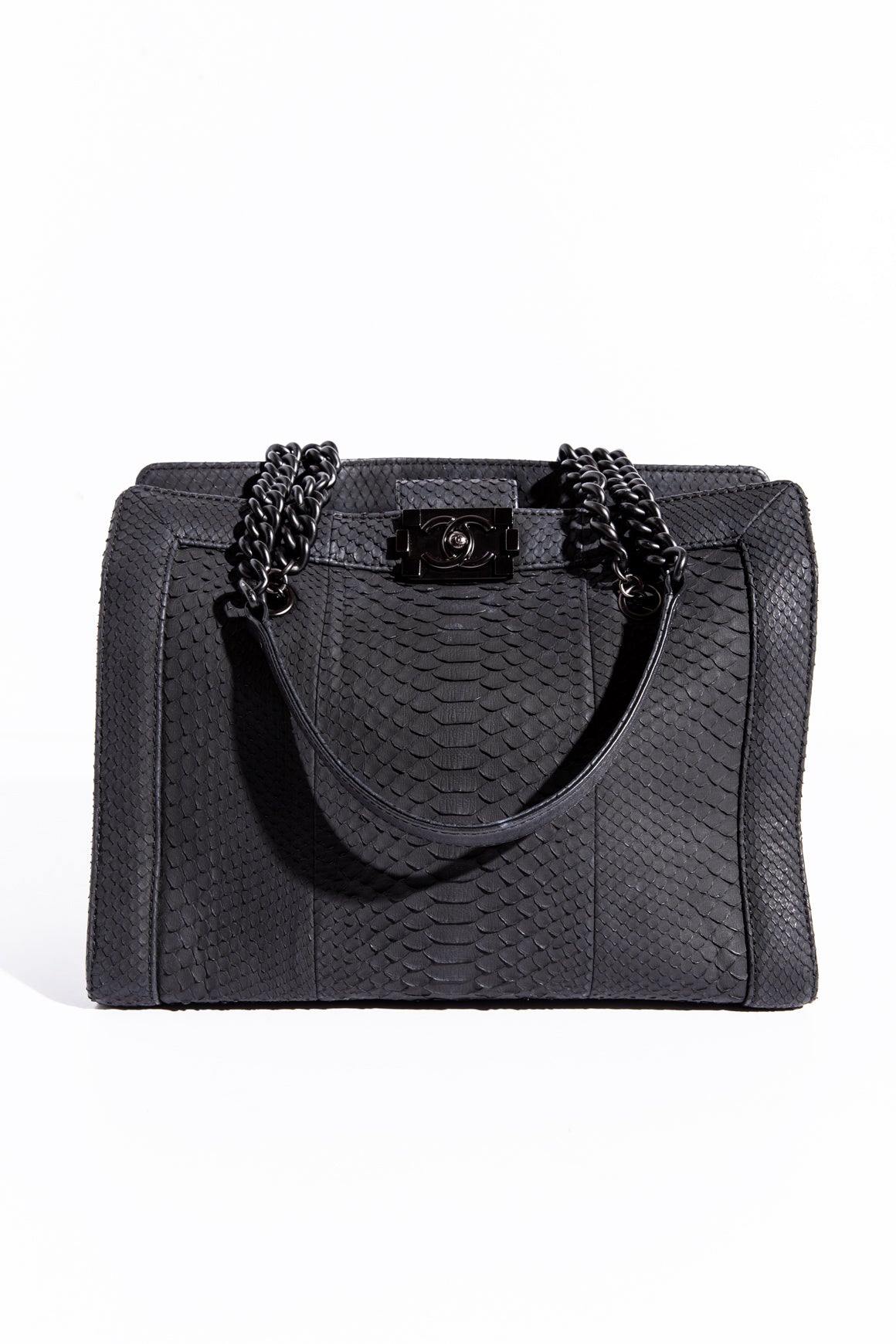 CHANEL 2014 Black Python Boy Shopping Tote | MOSS Consignment