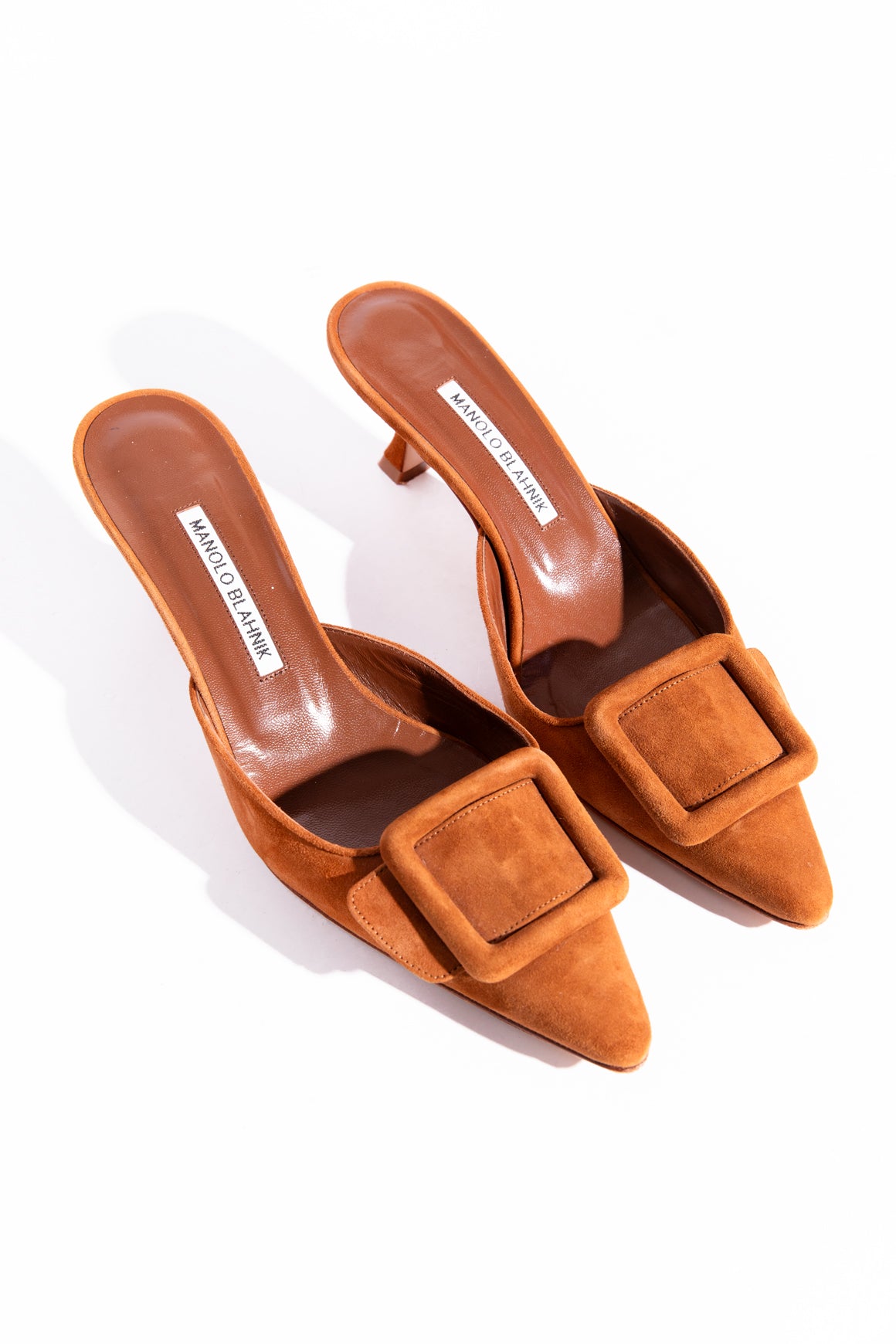 MANOLO BLAHNIK Brown Suede Buckle Mules (Sz. 38) | MOSS Consignment